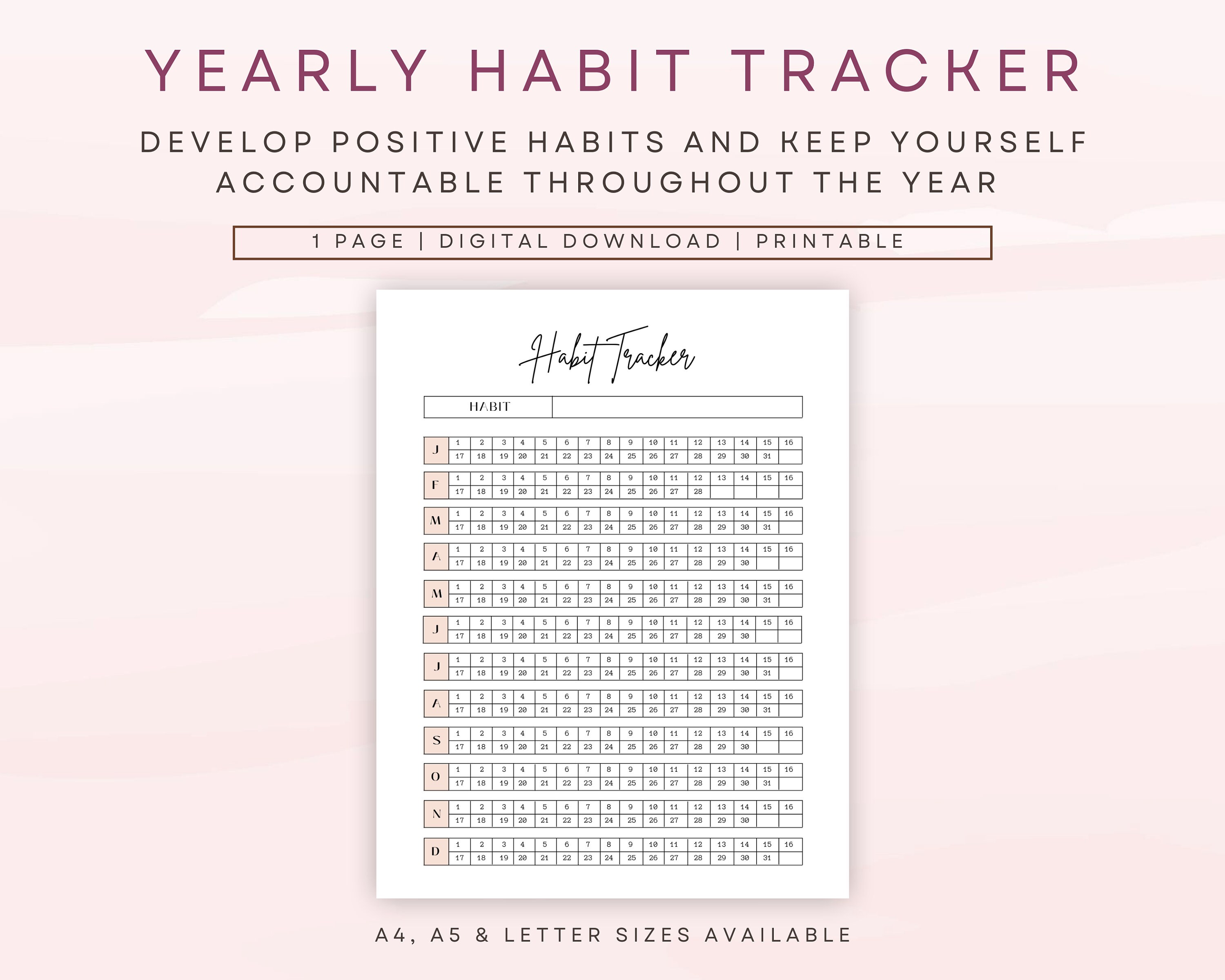 Yearly Habit Tracker Printable, 365 Day Habit Challenge, 12 Month Habit ...