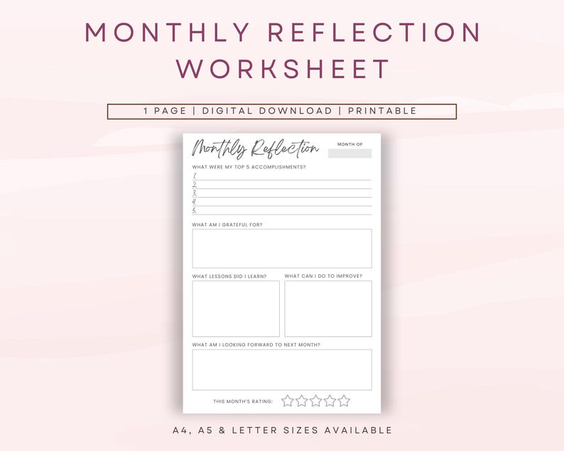 Monthly Reflection Worksheet, Self Reflection Journal (digital Download ...