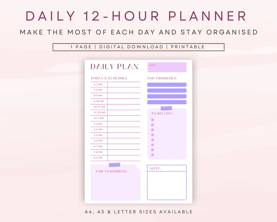 12 Hour Daily Planner, Work Day Organiser, Productivity Planner ...