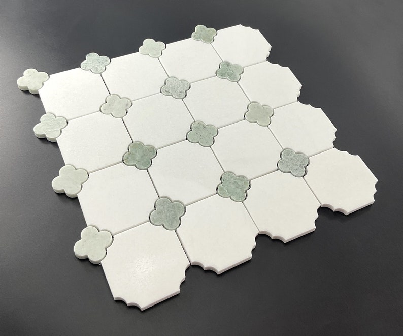 Thassos White Octagon With Ming Green Clover Marble Mosaic Wall and ...