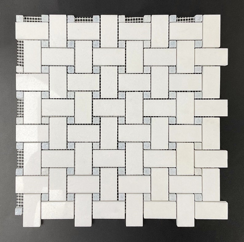 Thassos White Basketweave With Blue Celeste Dot Marble Mosaic Tile ...