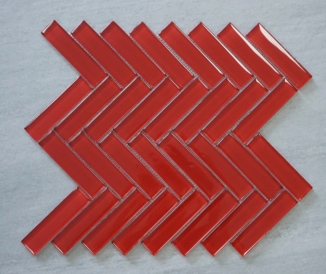 Red 1 X 4 Herringbone Glass Linear Mosaic Tile - Etsy