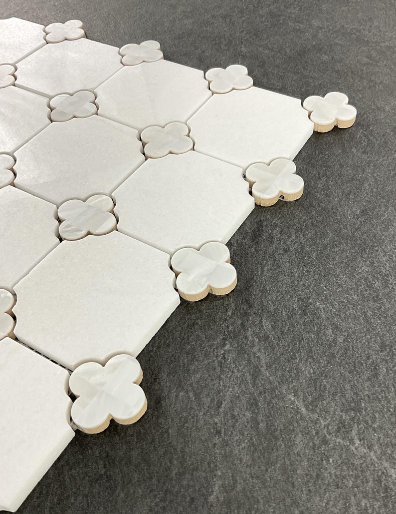 Thassos White and Mother of Pearl Clover Wall and Floor Mosaic Tile ...