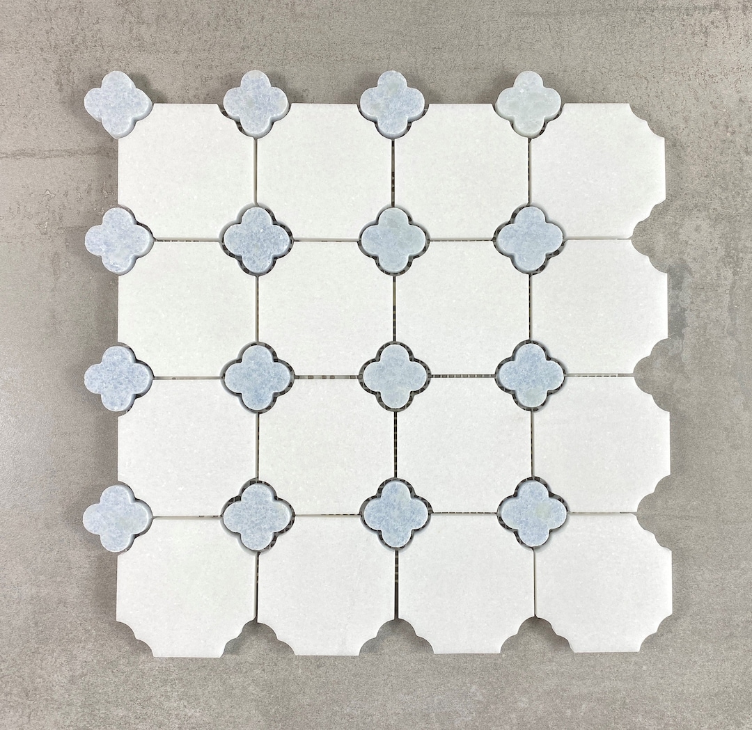 Thassos White & Blue Celeste Clover Marble Mosaic Tile - EST000TW94 - Etsy