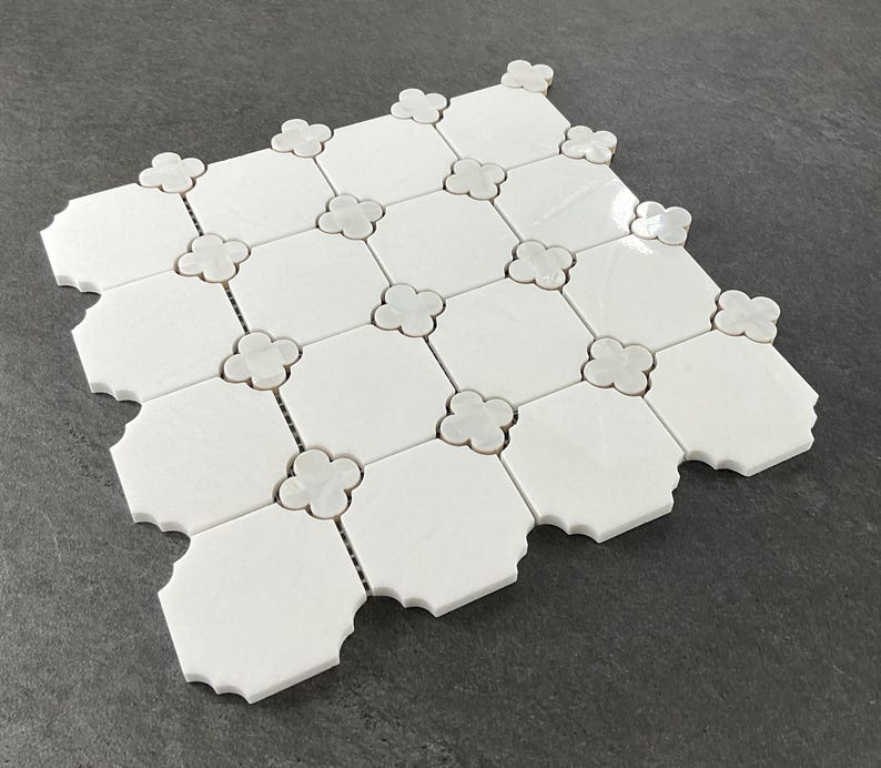 Thassos White and Mother of Pearl Clover Wall and Floor Mosaic Tile ...