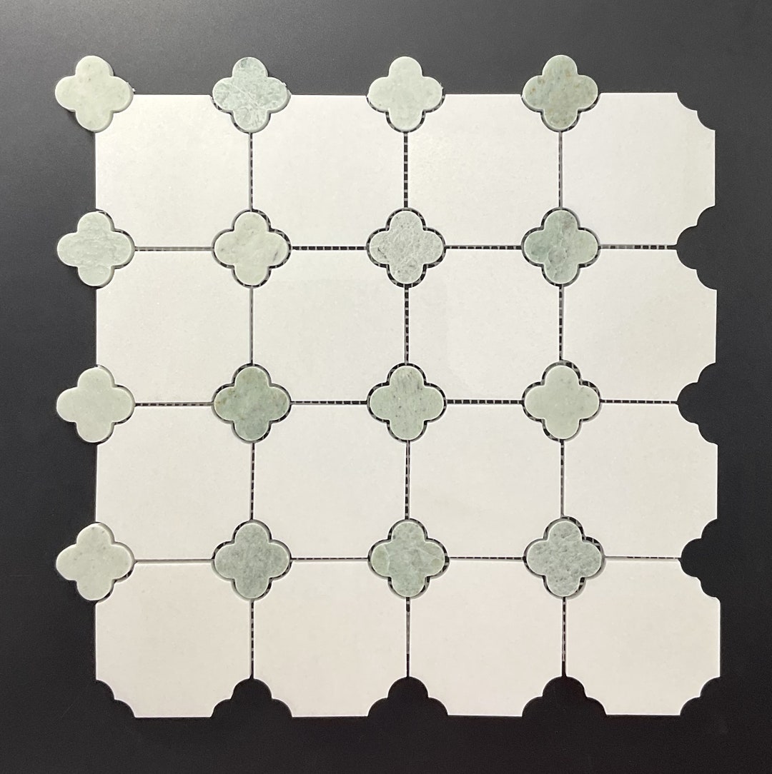 Thassos White Octagon With Ming Green Clover Marble Mosaic Wall and ...