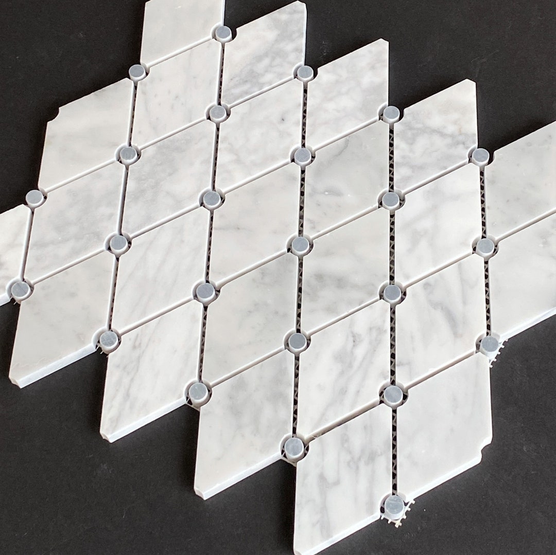 White Carrara Elongated Diamond With Grey Mini Circle Dots Mosaic Tile ...