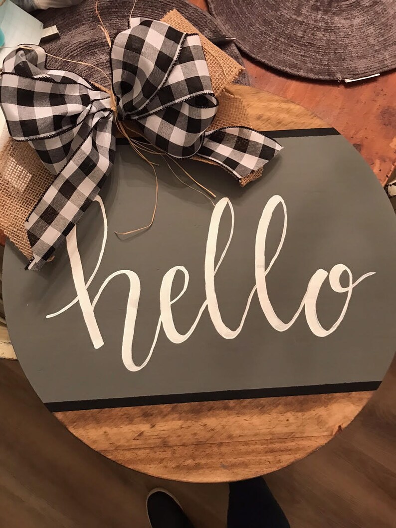Round Wood Door Hanger, Hello, Ribbon, Welcome, Sign, Wood Sign - Etsy
