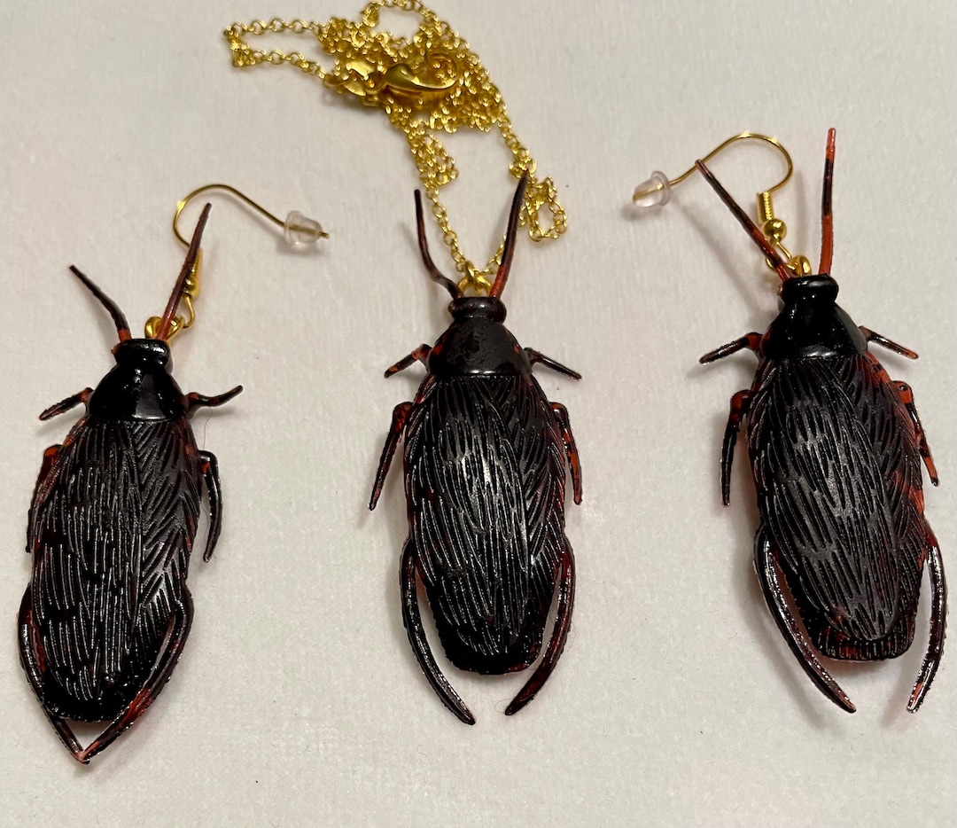 Cockroach Necklace With Gold Coloured Chain and Cockroach Earrings Set ...