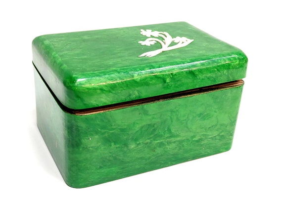 Soviet Jewelry Box Laminated Green With White Flowers… - Gem