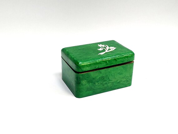 Soviet Jewelry Box Laminated Green With White Flowers… - Gem