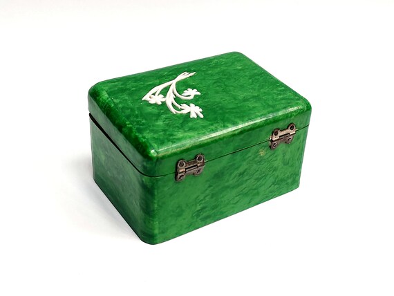 Soviet Jewelry Box Laminated Green With White Flowers… - Gem