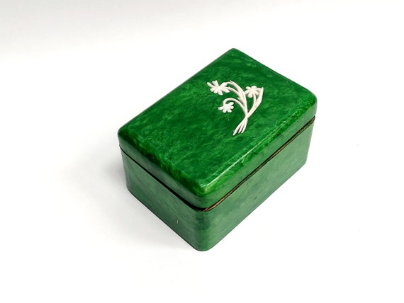 Soviet Jewelry Box Laminated Green With White Flowers… - Gem