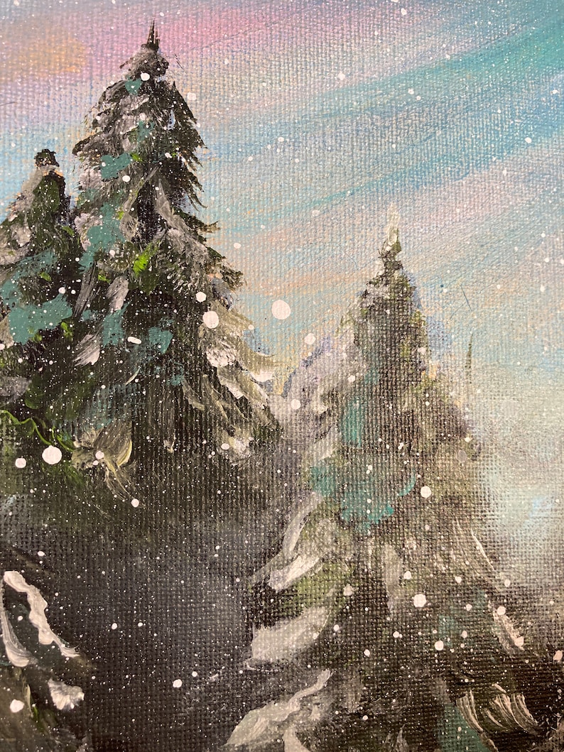 Winter Sunset in Mountains, Glow in the Dark Painting, Landscape Art ...