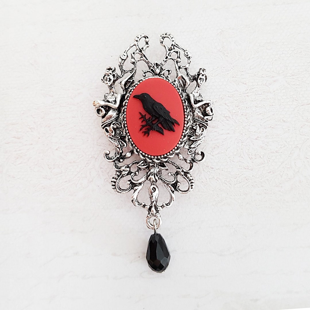 Large Black and Red Raven Cameo Brooch Necklace in Antique Silver, Poe ...
