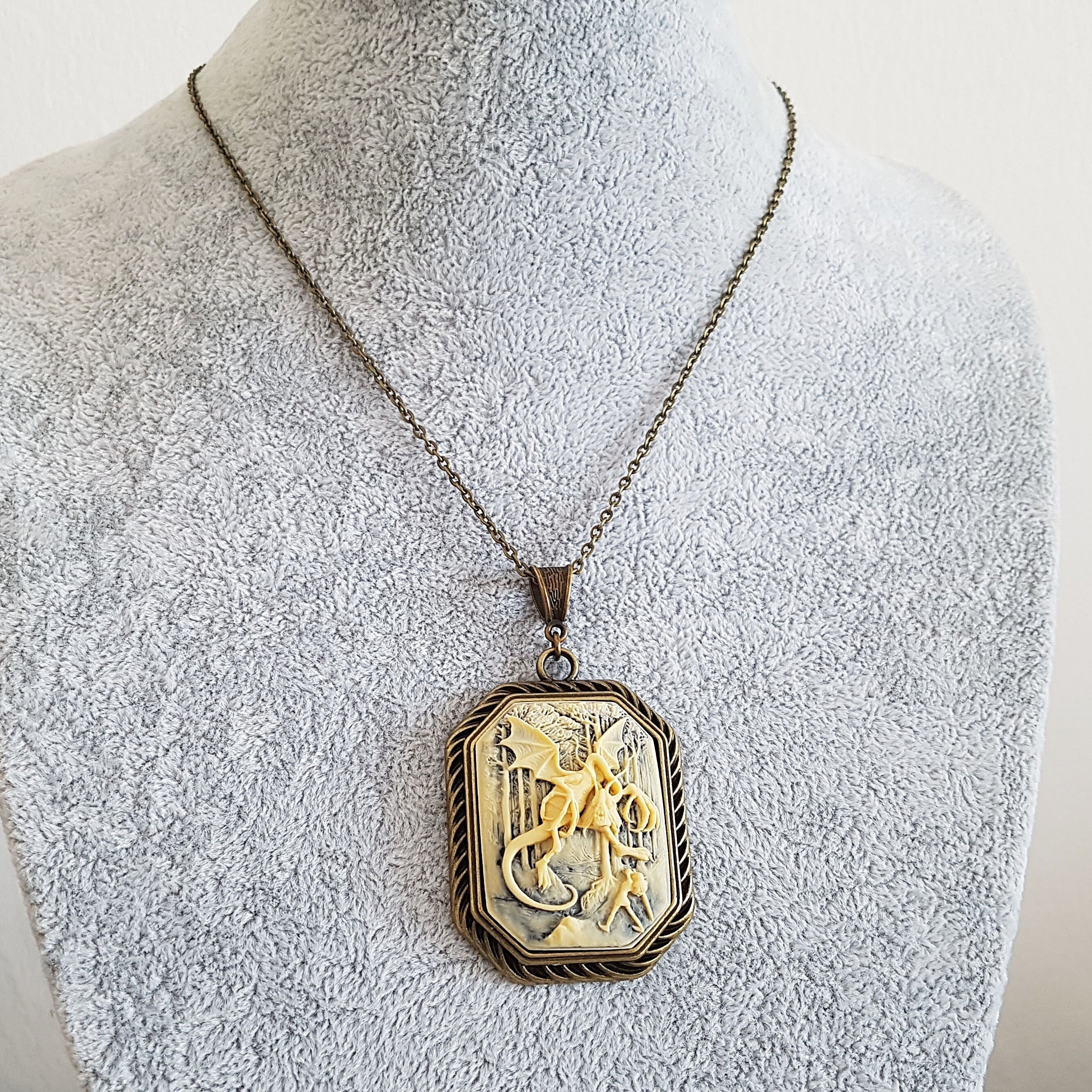 Gothic Dragon Slayer Cameo Necklace in Ornate Antique Bronze | Etsy