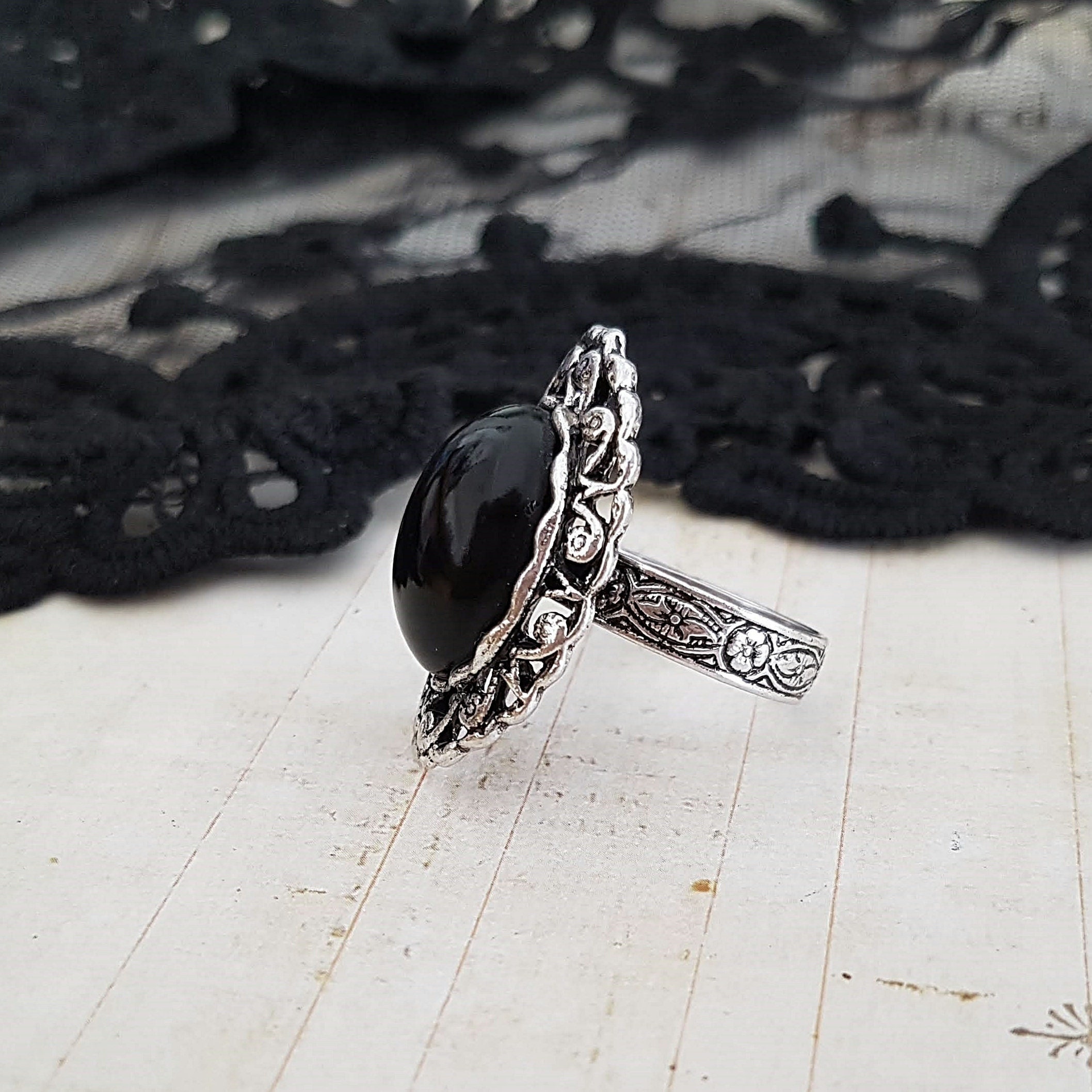 Victorian Gothic Jet Black Jewel Ring Antique Silver Filigree - Etsy