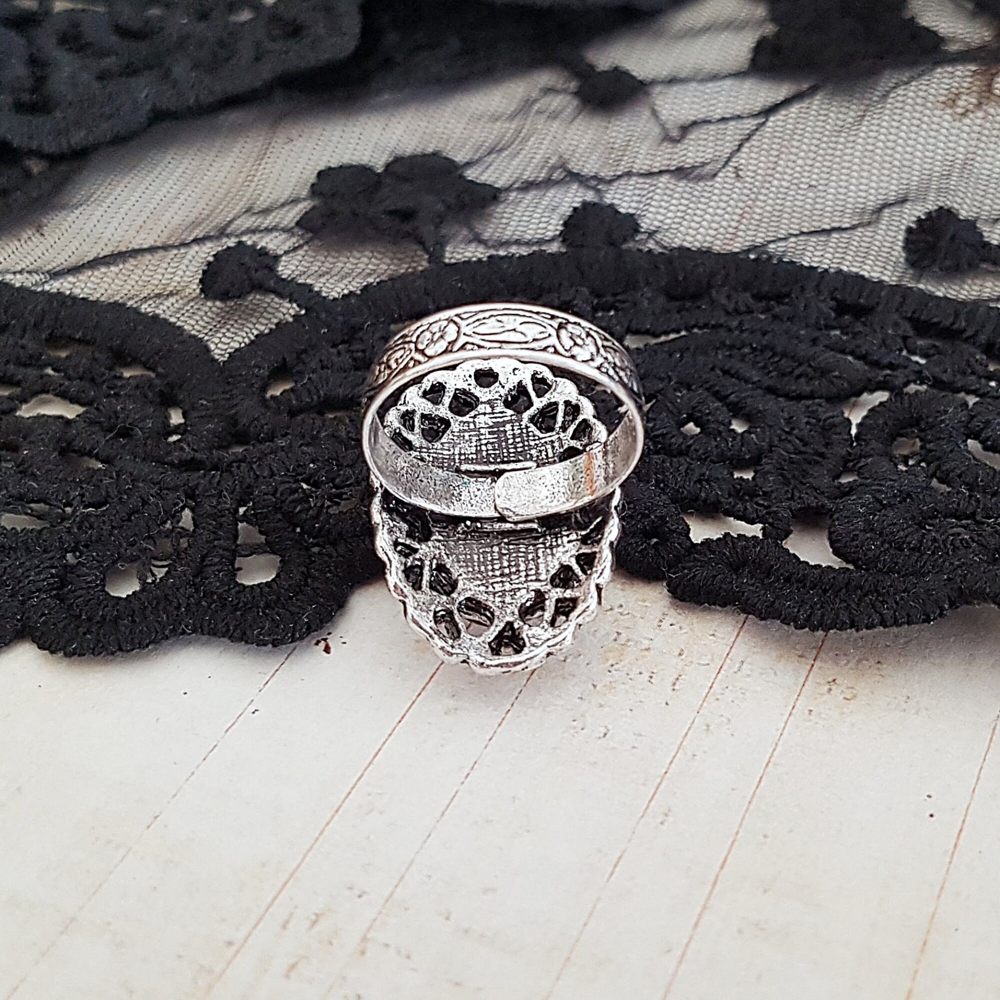 Victorian Gothic Jet Black Jewel Ring Antique Silver Filigree - Etsy