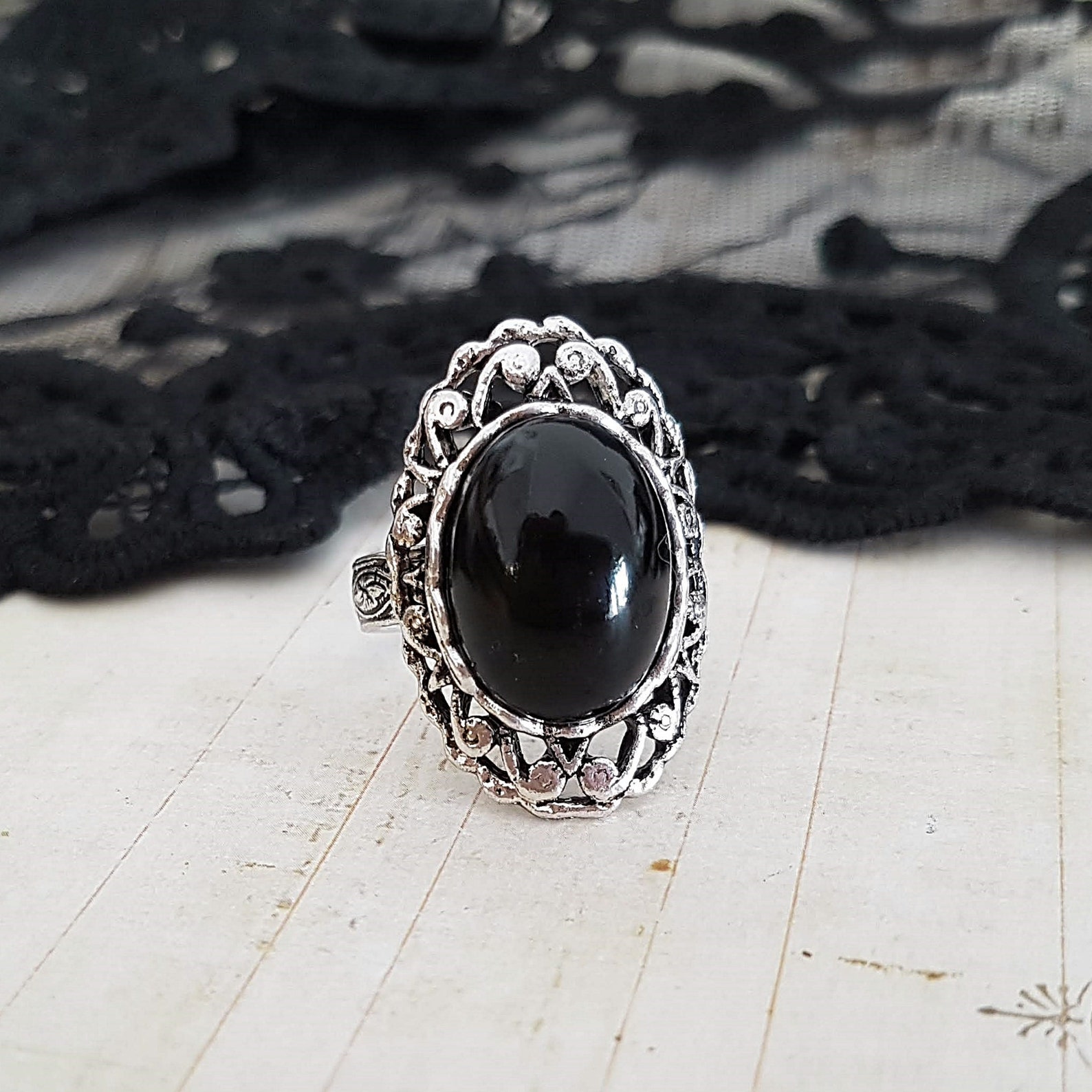 Victorian Gothic Jet Black Jewel Ring Antique Silver Filigree - Etsy