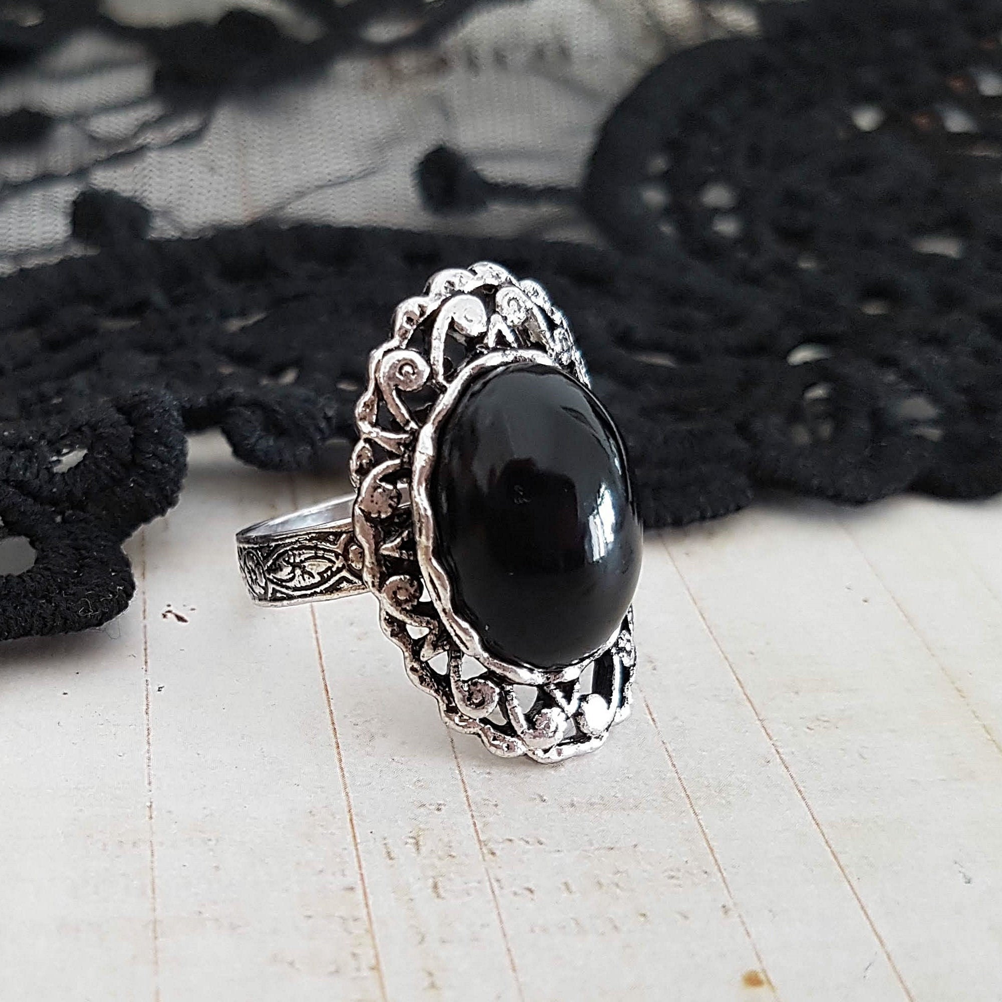 Victorian Gothic Jet Black Jewel Ring Antique Silver Filigree | Etsy