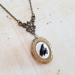 Gothic Raven Locket Necklace in Bronze and White, Victorian Crow, Bird ...