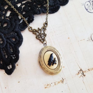 Gothic Raven Locket Necklace in Bronze and White, Victorian Crow, Bird ...