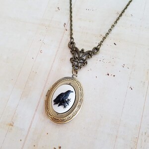 Gothic Raven Locket Necklace in Bronze and White, Victorian Crow, Bird ...