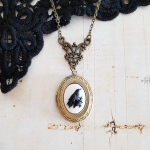 Gothic Raven Locket Necklace in Bronze and White, Victorian Crow, Bird ...