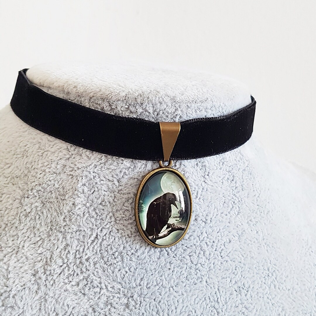 Raven and Moon Cameo Choker in Black Velvet, Vintage Poe Style Crow ...