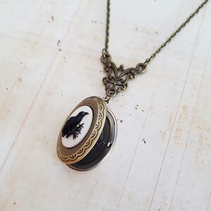 Gothic Raven Locket Necklace in Bronze and White, Victorian Crow, Bird ...