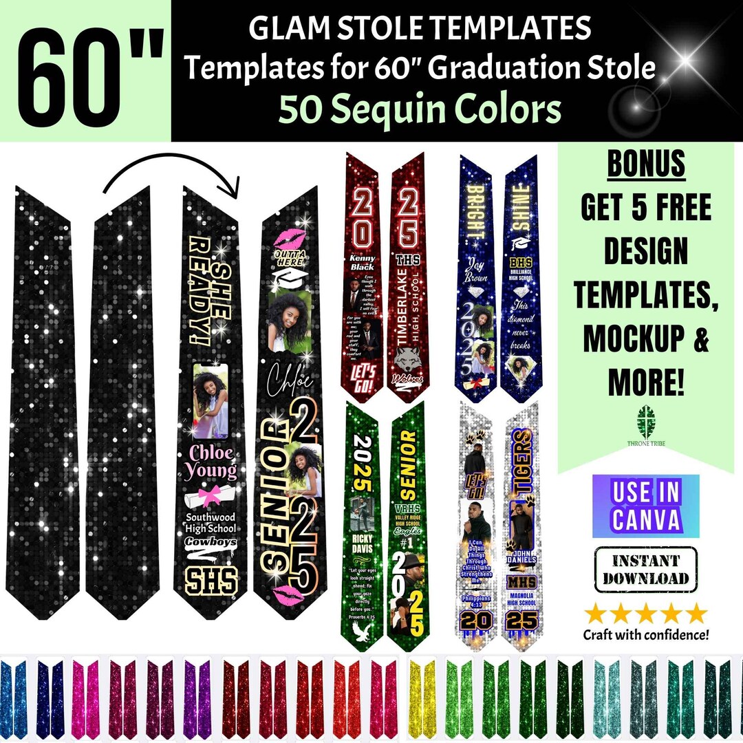 60" | 50 Sequin Glam Template Bundle for Grad Stole | for Sublimation ...