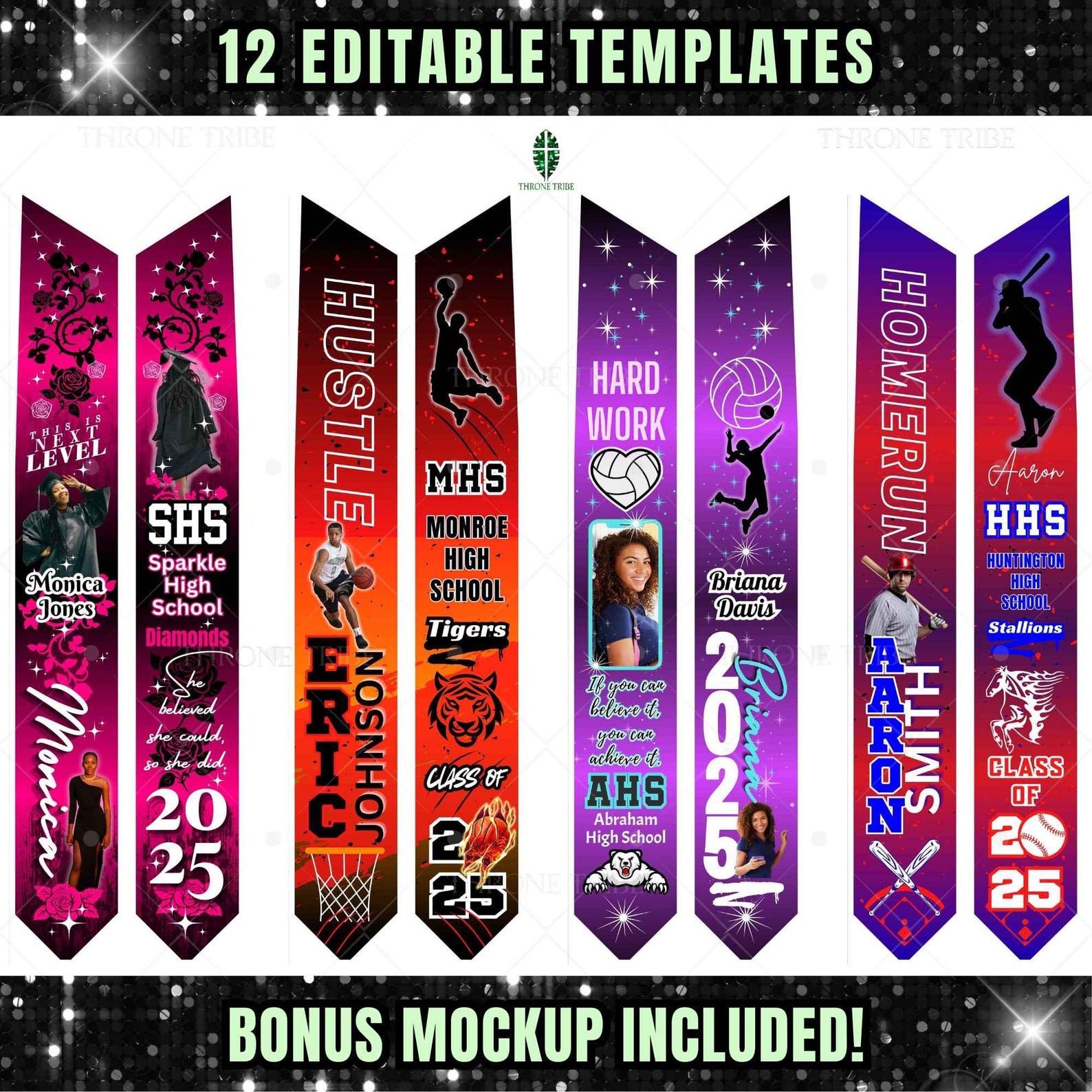 72" Graduation Stole Template Bundle | 12 Designs | Canva Editable ...