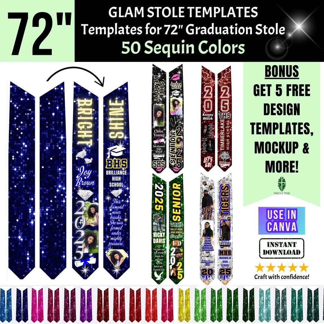 72" | 50 Sequin Glam Template Bundle for Grad Stole | for Sublimation ...