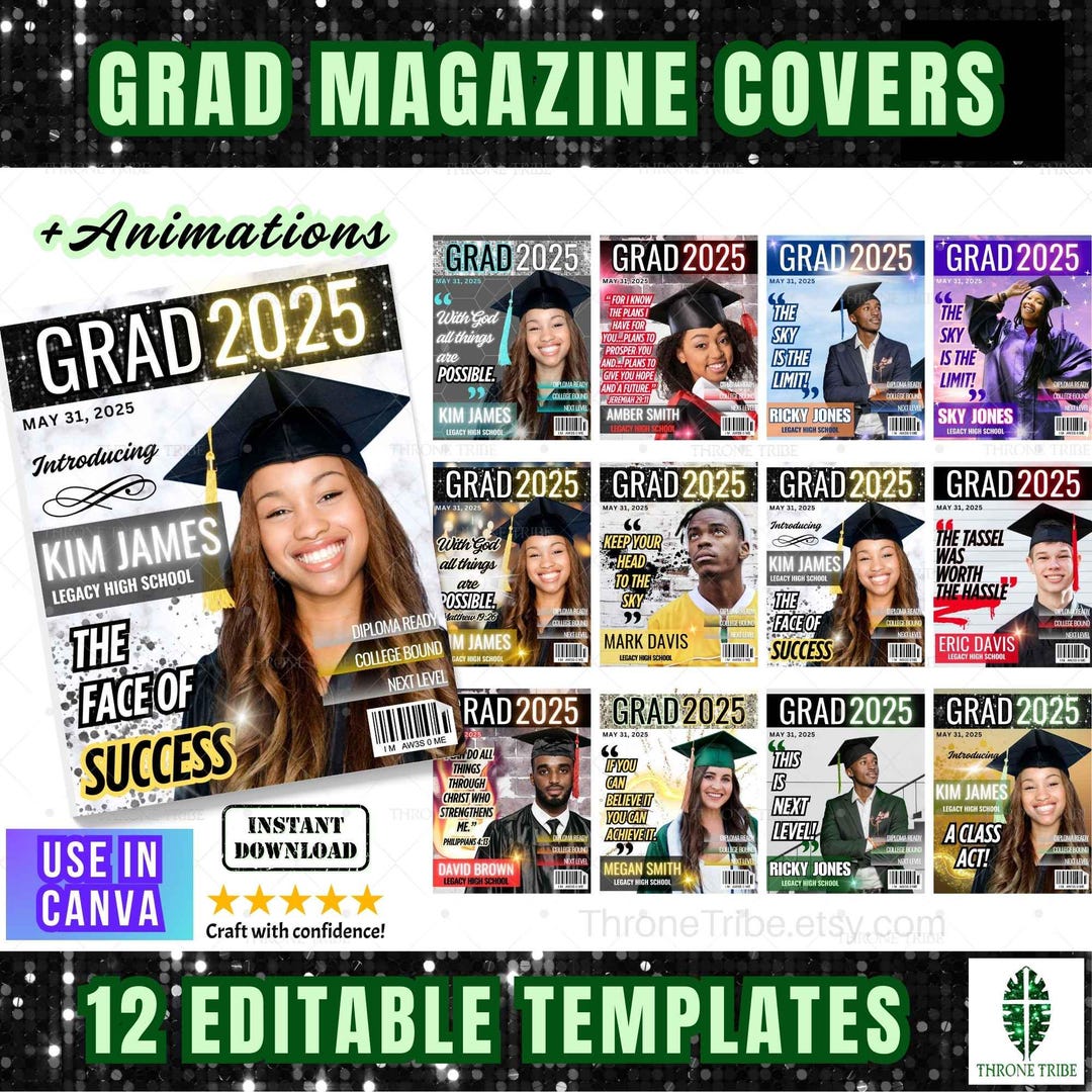 Grad Magazine Cover Bundle | 12 Editable Canva Templates | Digital ...