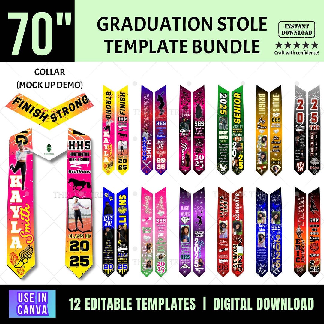 70" Graduation Stole Template Bundle | 12 Designs | Canva Editable ...