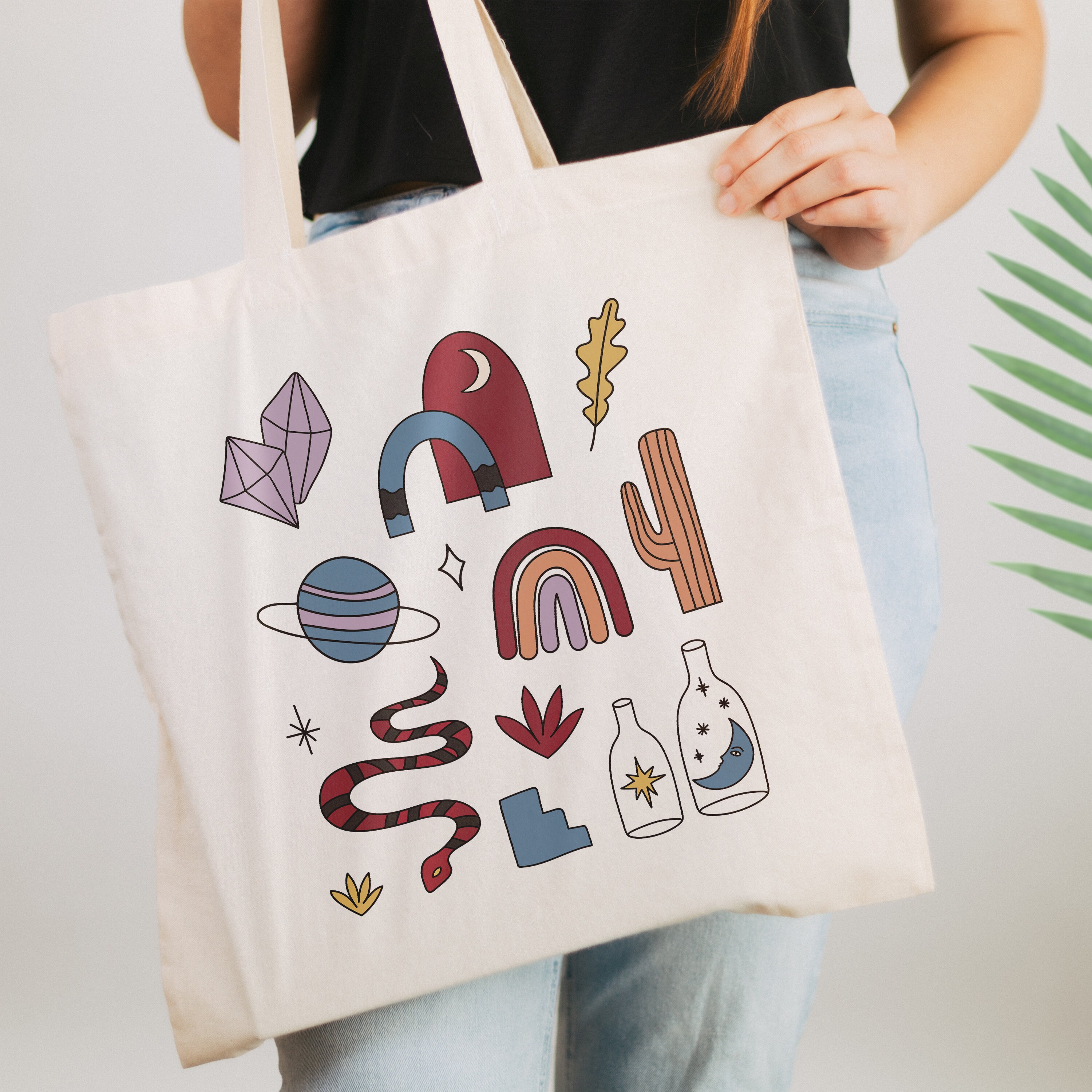 Boho Canvas Tote Bag, Mystical Symbols Tote Bag, Celestial Elements ...