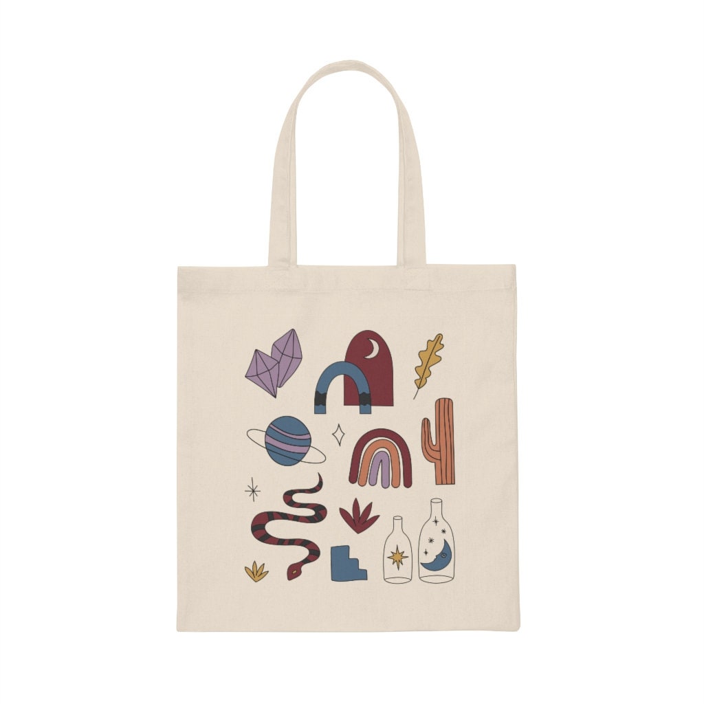 Boho Canvas Tote Bag, Mystical Symbols Tote Bag, Celestial Elements ...
