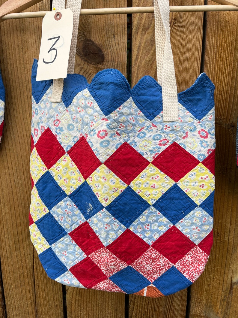 Vintage Quilt TOTE Blue, Red and Accent Yellow Diamond Pattern, Yarn ...