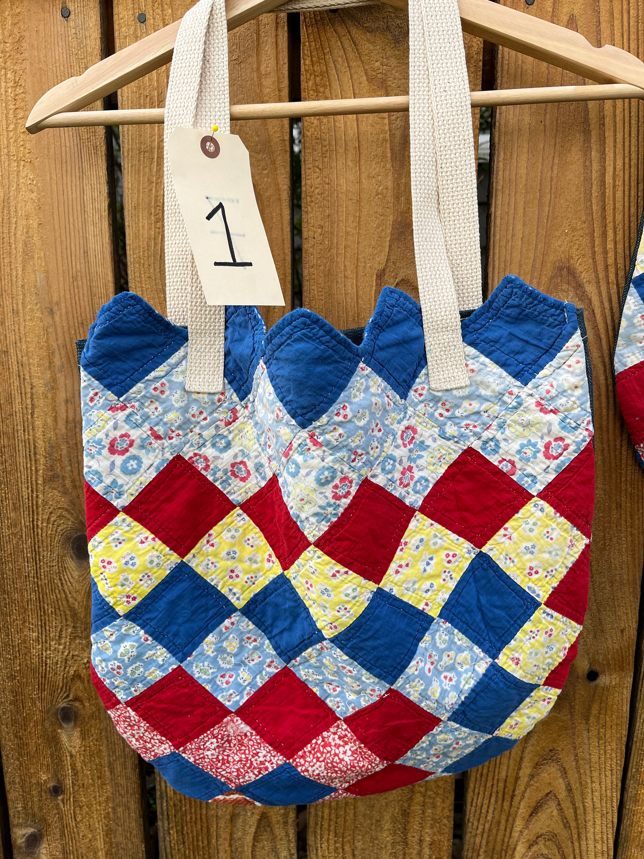 Vintage Quilt TOTE Blue, Red and Accent Yellow Diamond Pattern, Yarn ...