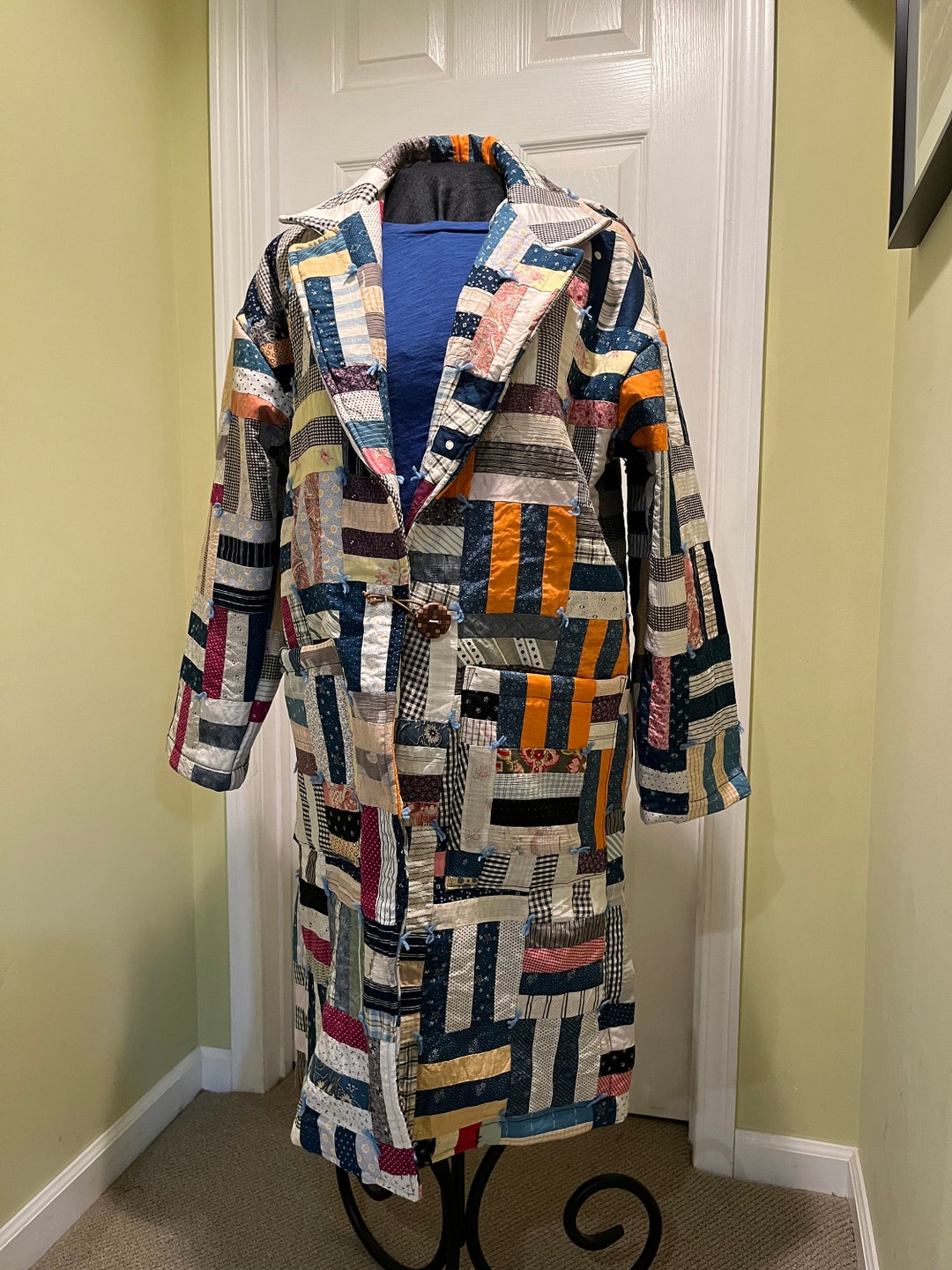 Vintage Quilt DUSTER JACKET 1920's Ditsy Prints, Navy, Burgandy, Cream Patchwork, Notch Collar ...