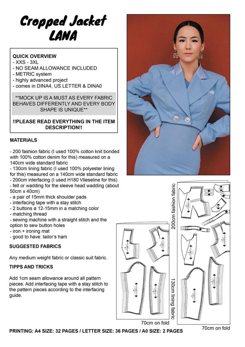 PATTERN - Cropped Jacket LANA - THISISKACHI - Etsy