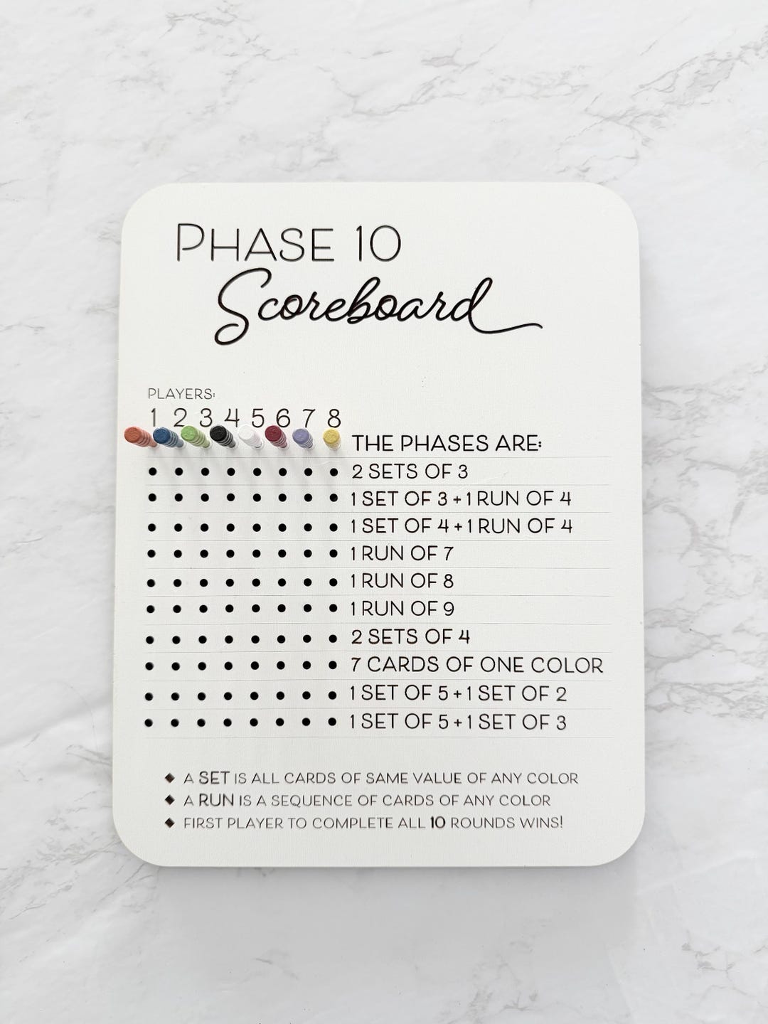 White MDF Phase 10 Score Board With Colorful Pegs | Durable Scorecard ...