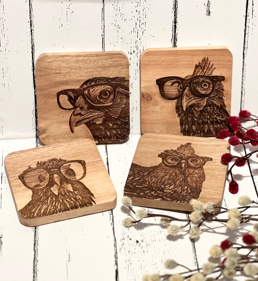 Funny Chicken Coaster Set | Set of 4 Wood Coasters | Funny Farm ...