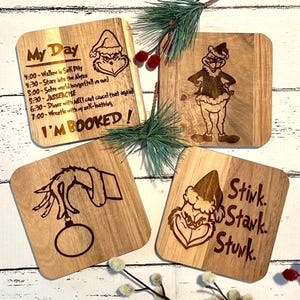 Funny Christmas Coaster Set | Set of 4 Wood Coasters | Grinch Coasters ...