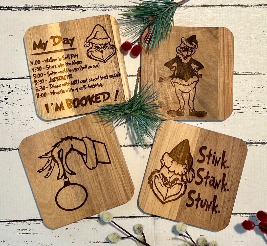 Funny Christmas Coaster Set Set of 4 Wood Coasters Grinch Coasters Set ...