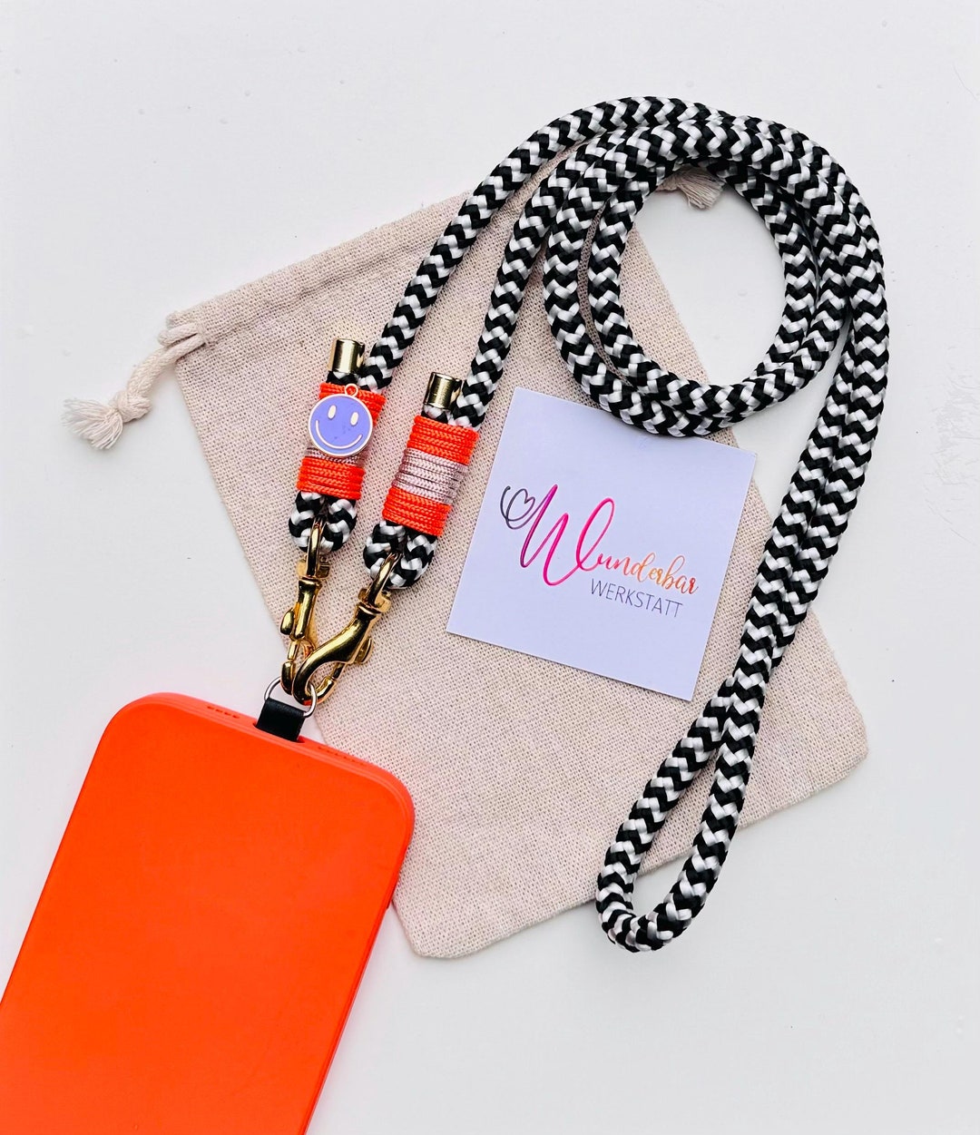 Stylish Black and White Rope Phone Strap With a Purple Smiley Face ...