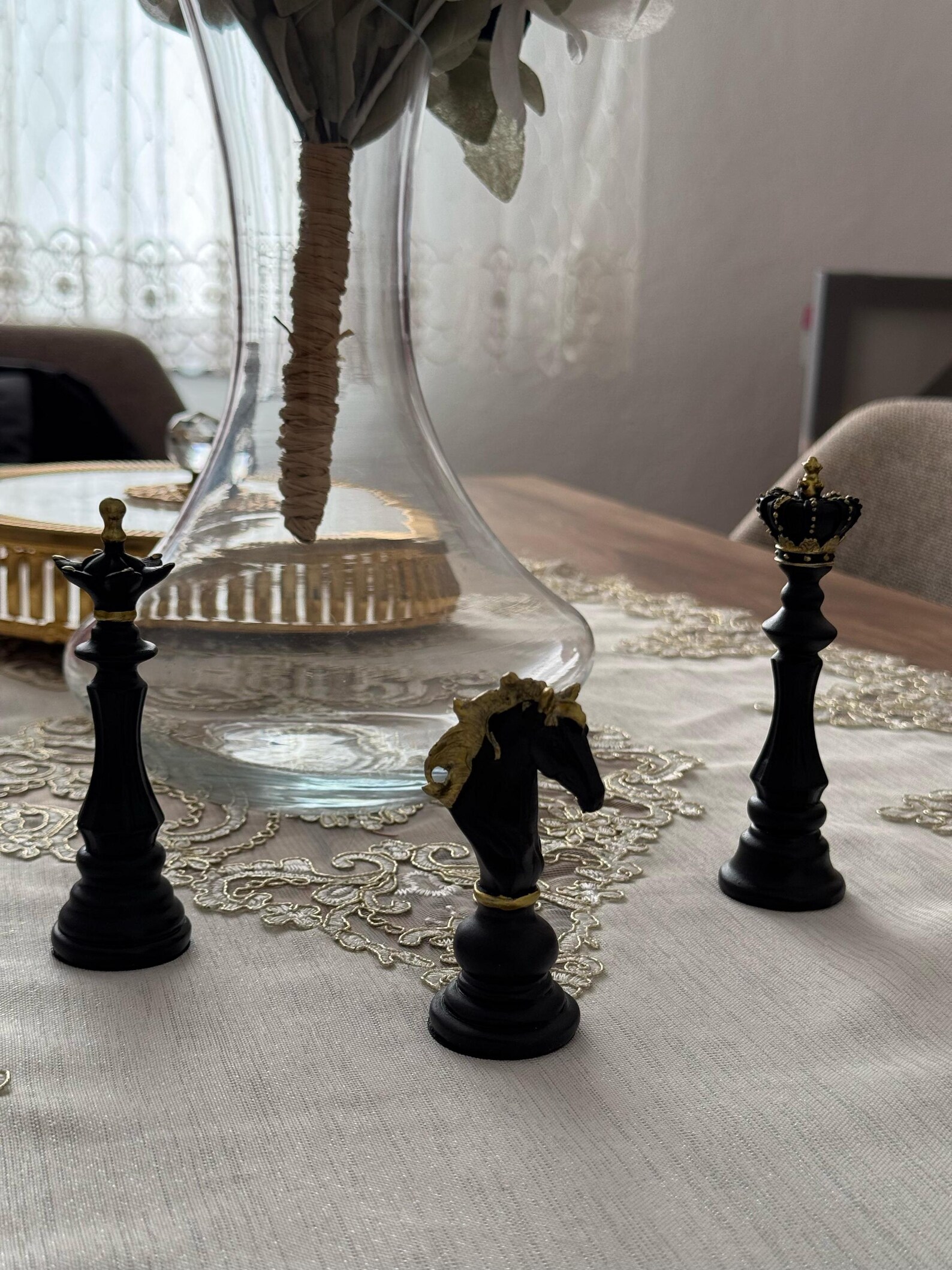 Luxury Chess Piece Decor Set Black and Gold Sculptures Handmade King ...