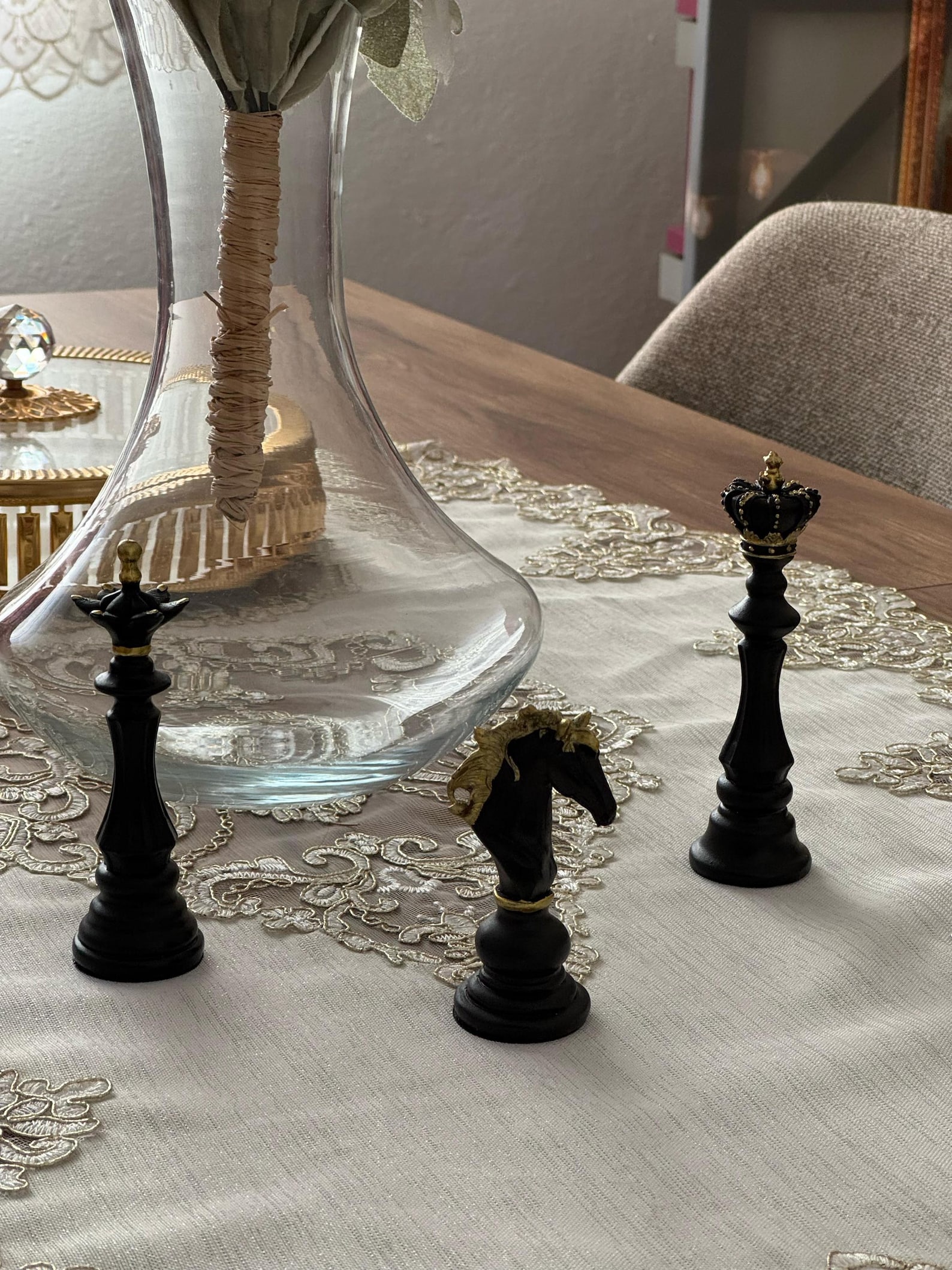 Luxury Chess Piece Decor Set Black and Gold Sculptures Handmade King ...