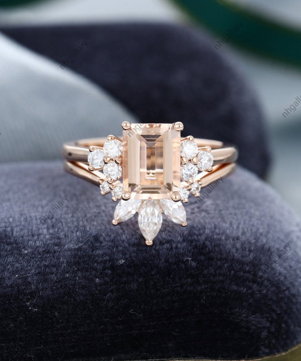 Emerald Cut Morganite Engagement Ring Set Vintage Rose Gold Etsy