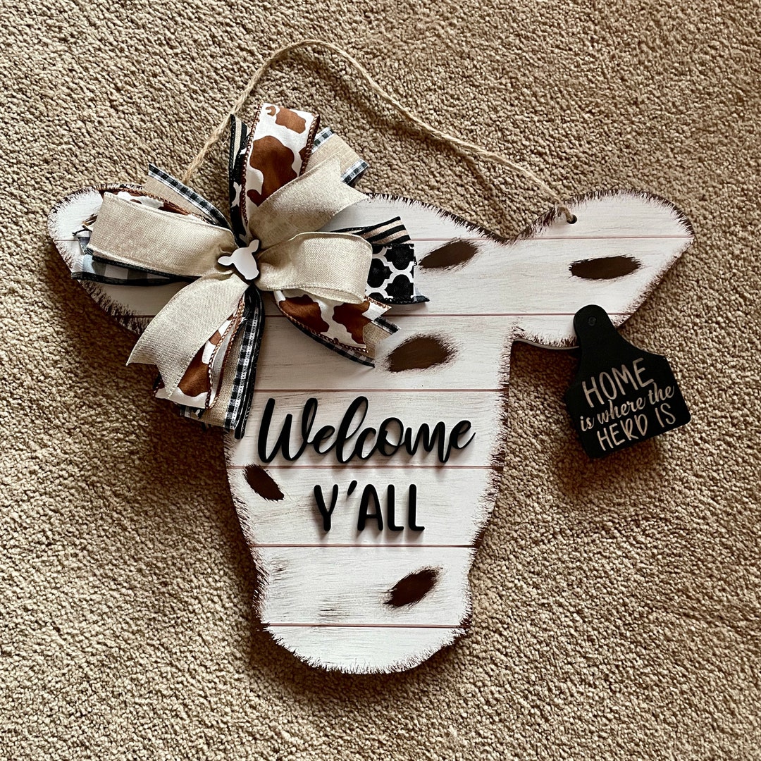 Cow Print Door Hanger, Cow Decor, Welcome Sign, Farm House Decor, Ranch ...